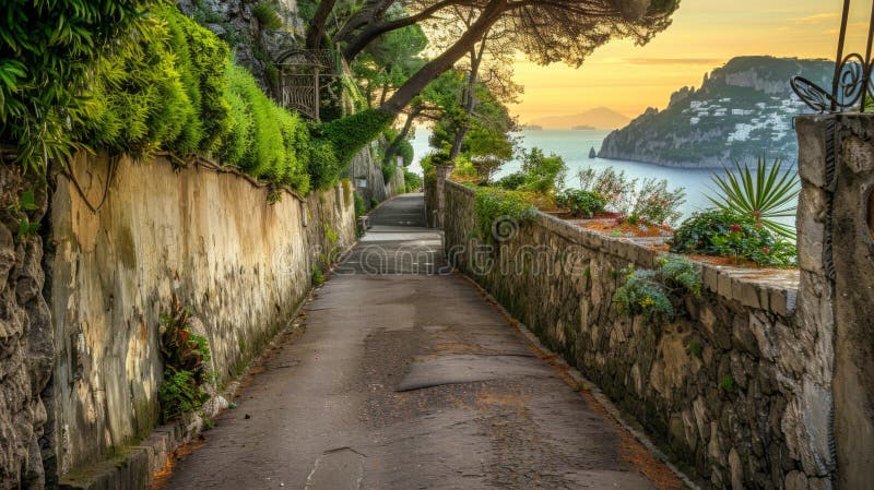 Serene Coastal Path Sunset Tranquil Ocean View Lush Greenery Stock ...