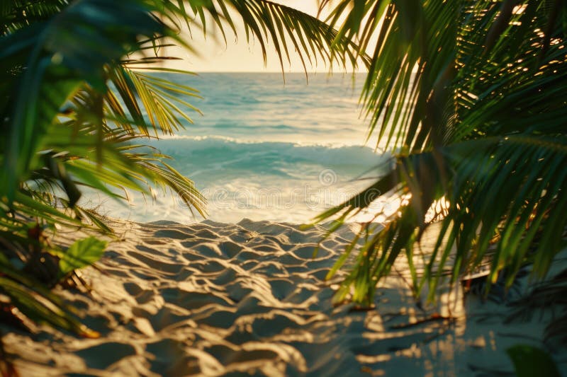 A Serene Coastal Scene Featuring Palm Trees and a Calm Ocean View Stock ...