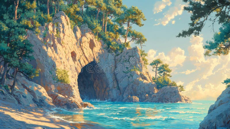 Serene Coastal Scene with Sunlit Rocks and a Hidden Cave Stock ...