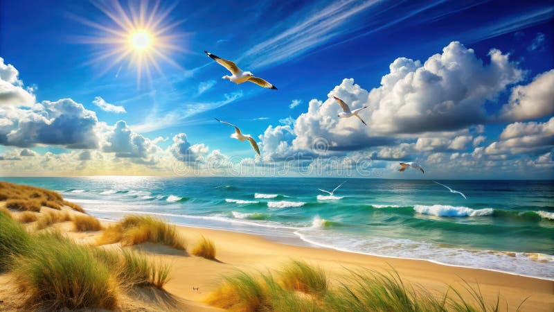 Serene Coastal Scene Sunny Sky, Ocean Waves, Sandy Beach, and Birds in ...