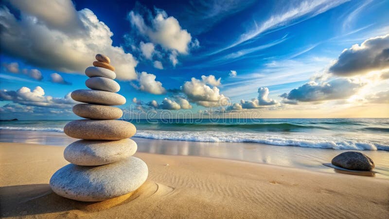 Serene Coastal Stack of Stones at Sunset on Sandy Beach. Generative AI ...