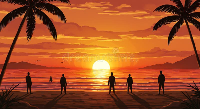 Serene Coastal Sunset Illustration with Silhouetted Figures on the Sand ...
