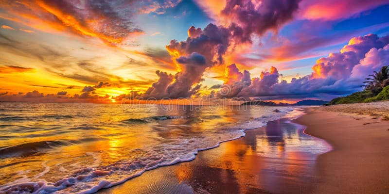 Serene Coastal Sunset with Vibrant Sky and Ocean Waves. Generative AI ...