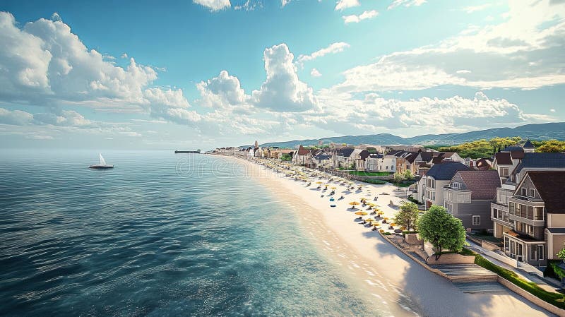 Serene Coastal Town with Sandy Beaches and Clear Skies. Stock Image ...