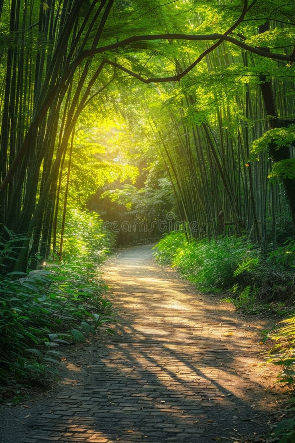 A Serene Cobblestone Pathway Meanders through a Lush Bamboo Forest ...