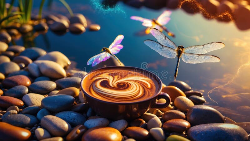 Magical Latte Art Coffee with Dragonflies by the Water Stock ...