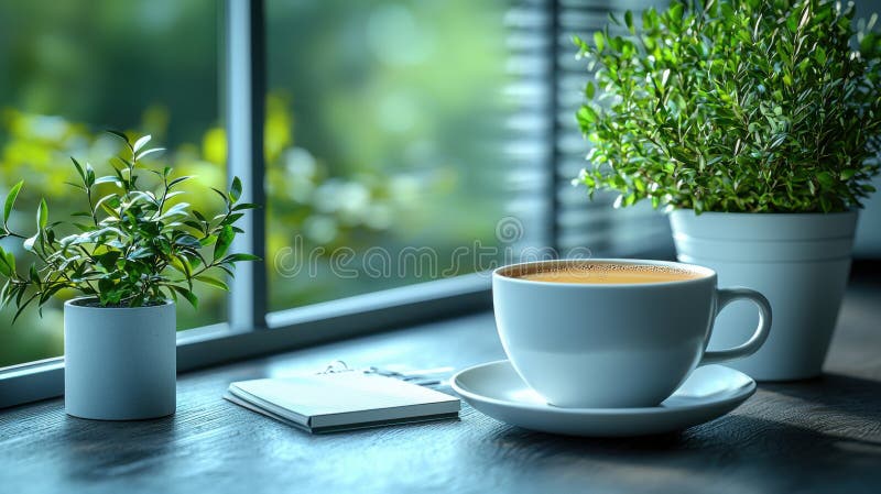Serene Coffee Scene with Cup, Plants, and Notebook by Window Stock ...