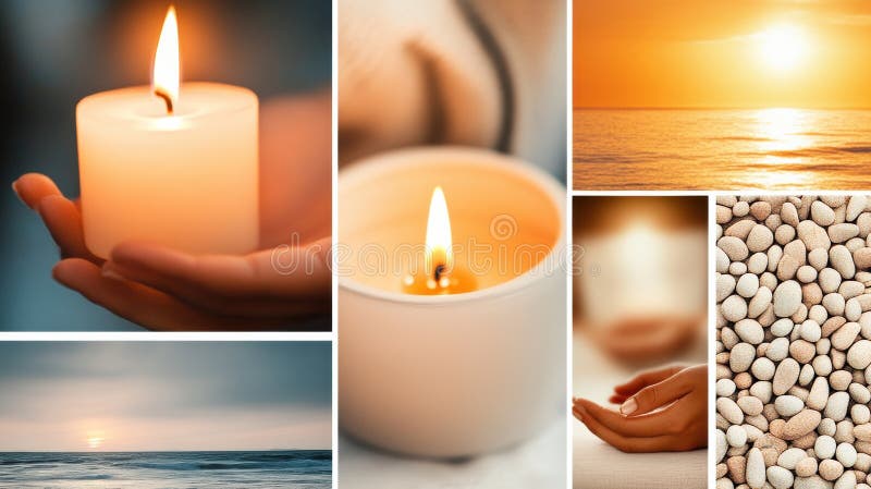 Serene Collage of Candles, Ocean, and Pebbles Evokes Tranquility and ...