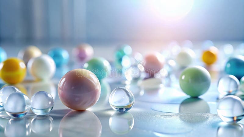 A Serene Collection of Pastel and Transparent Spheres on a Reflective ...