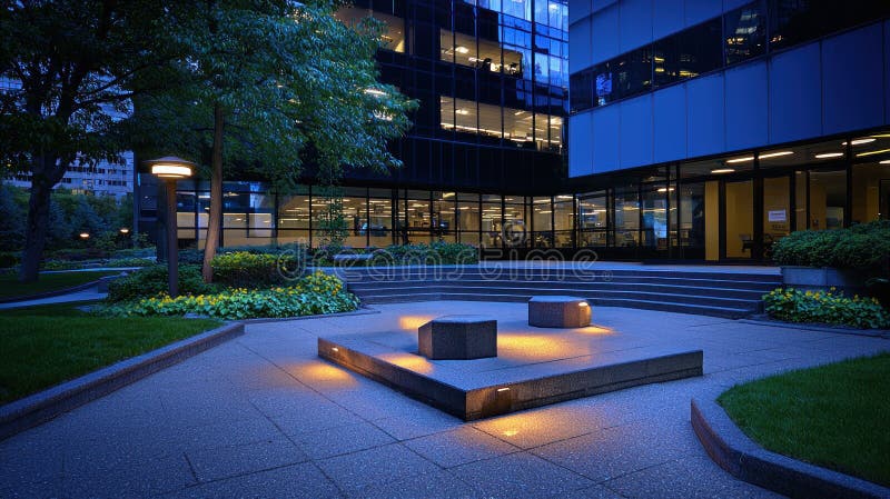 Serene Commercial Building Courtyard Illuminated at Night, Showcasing ...