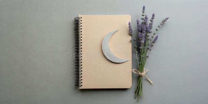 Serene Composition Featuring a Spiral-bound Notebook, a Crescent Moon ...