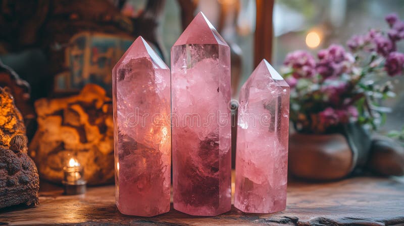 Three Rose Quartz Crystals Standing on a Wooden Surface with Flowers ...