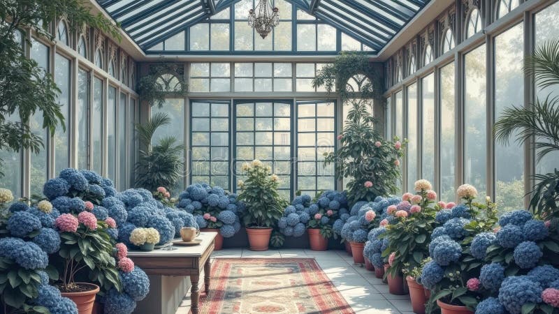 Serene Conservatory with Lush Hydrangeas Under Glass Ceiling on Sunny ...
