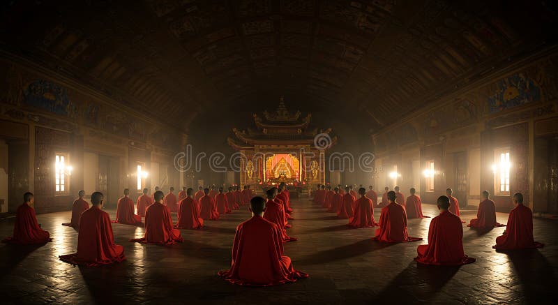 Serene Contemplation: Monks Meditating in a Sacred Hall Illuminated by ...