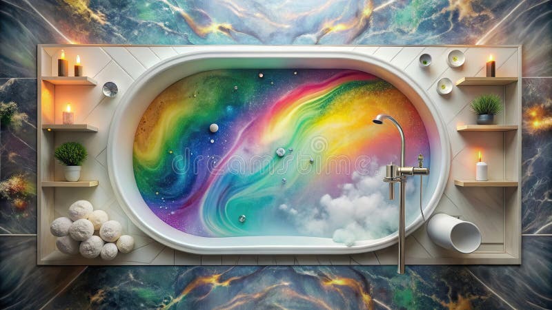 Serene Cosmic Bath Experience with Vibrant Rainbow Nebula and Celestial ...