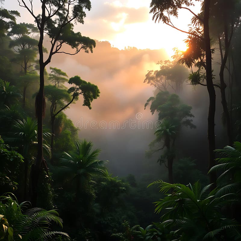Serene Costa Rican Rainforest at Dawn Stock Illustration - Illustration ...