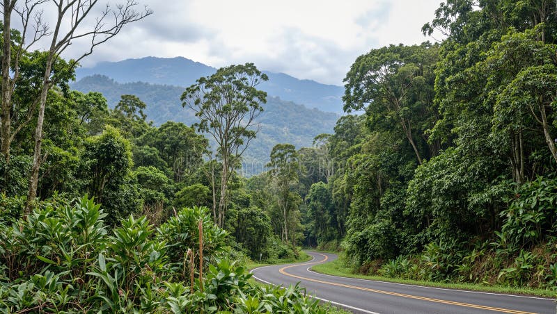 Serene Costa Rican Rainforest Road W Misty Mountains Backdrop Stock ...