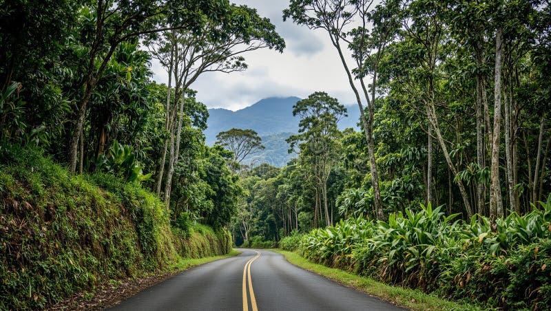 Serene Costa Rican Rainforest Road W Misty Mountains Backdrop Stock ...
