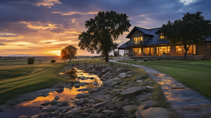 Serene Country House at Sunset with Reflective Stream Stock ...