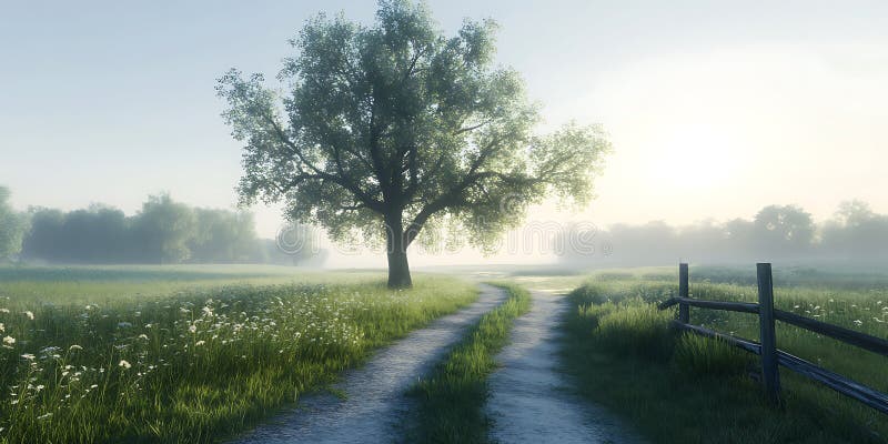 Serene Countryside Dawn Misty Path Solitary Tree Stock Illustration ...