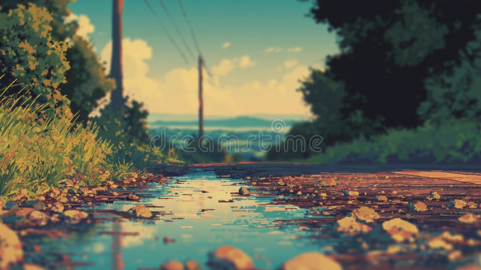 Serene Countryside Landscape: a Tranquil Path with a Puddle Reflection ...