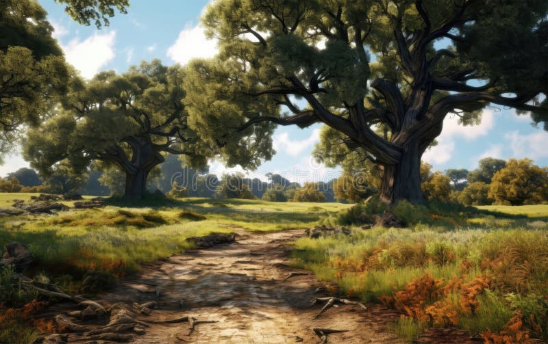 Serene Countryside Path: Majestic Oaks and Sunlit Meadow. Created by ...