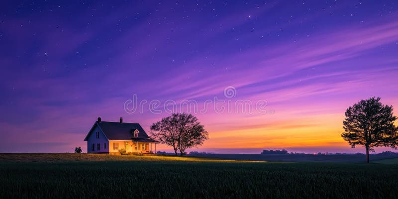 A Serene Countryside Scene at Dusk with a House and Tree Under a Starry ...