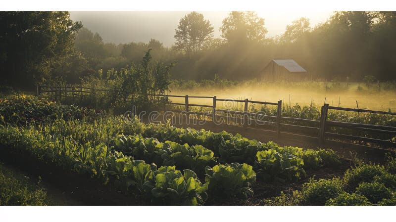 Serene Countryside Vegetable Garden with Leafy Greens and Mist Stock ...