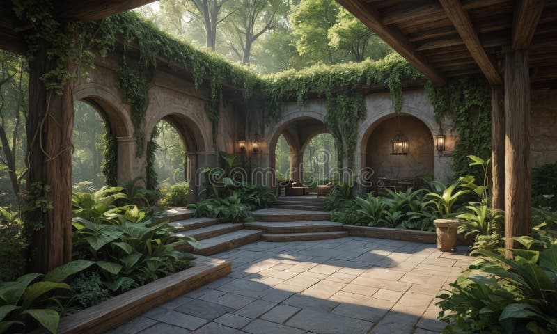 Serene Courtyard with Arched Entryways, Stone Steps, and Lush Greenery ...