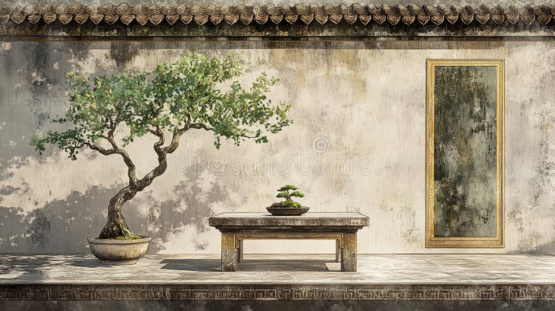 Serene Courtyard with Bonsai and Potted Tree Stock Illustration ...