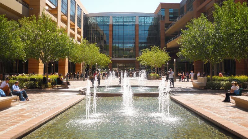 A Serene Courtyard with Fountains and Greenery in a Modern ...