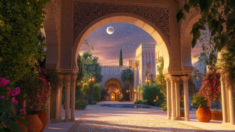 Serene Courtyard Palace Moonlit Night Garden Stock Illustration ...