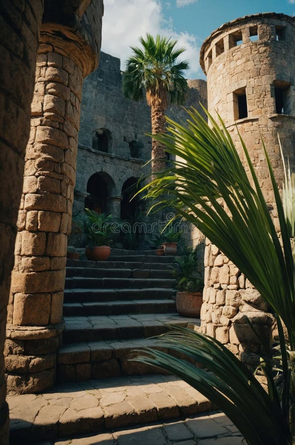 Stone Staircase and Palm Tree in Ancient Courtyard Stock Illustration ...