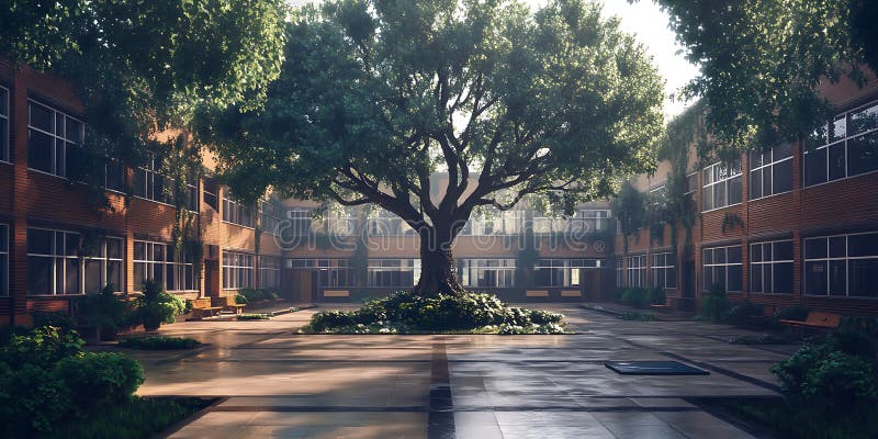 Serene Courtyard Sunlit Tree Brick Buildings Peaceful Scene Background ...