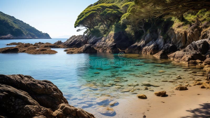 A Serene Cove with Calm Water and a Lovely Beach Stock Illustration ...