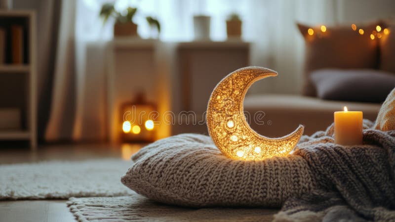 Serene and Cozy Home Interior with Glowing Crescent Moon Decor Stock ...