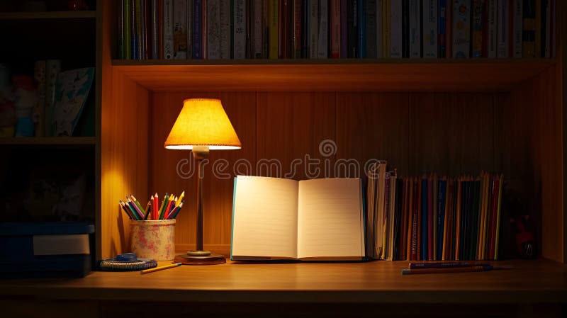 Cozy Study Space with Open Book and Warm Ambient Light Stock ...