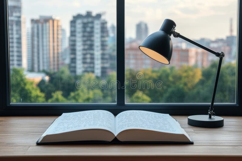 Rustic Creative Workspace with Open Book and Lamp Overlooking Urban ...
