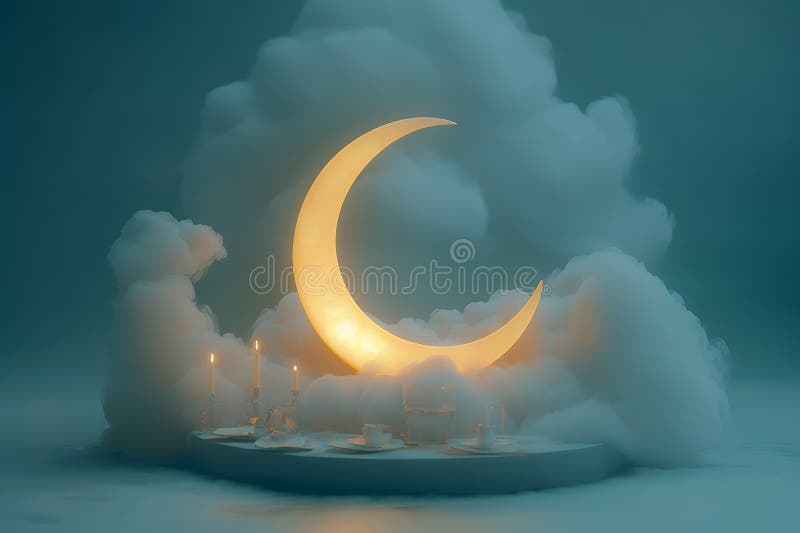 Serene Crescent Moon Night Scene Dreamy Cloudscape 3d Art Calm Soft ...