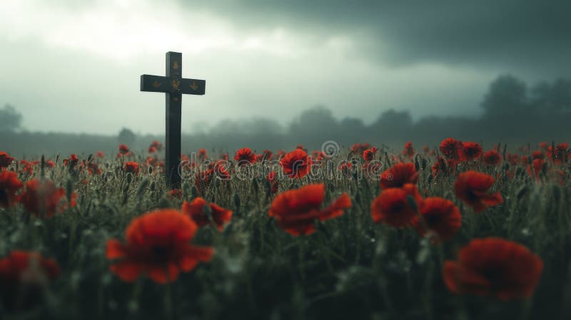 Serene Cross in Field of Red Poppies Under Overcast Sky Stock ...