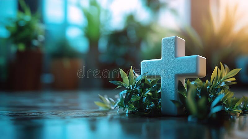 Serene Cross Surrounded by Lush Greenery in a Tranquil Indoor Setting ...