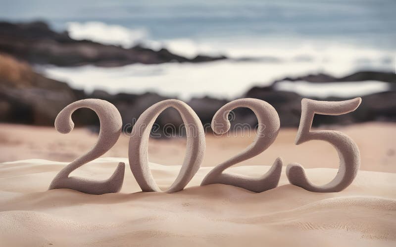Serene 2025 Cursive Design on a Beach with a Blurred Ocean Background ...