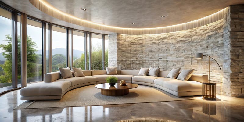 Serene Curved Sectional Sofa in Modern Living Room with Stone Wall and ...