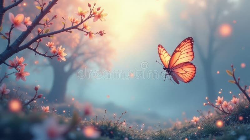 Serene Dawn a Butterfly S Gentle Flight through a Misty Garden of ...