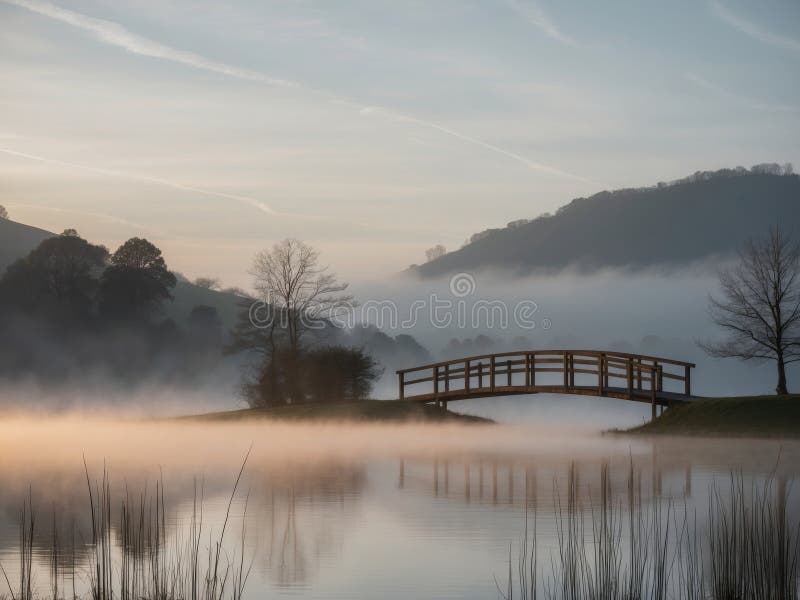 Serene Dawn Over a Misty Landscape with Wooden Bridge. Stock Photo ...
