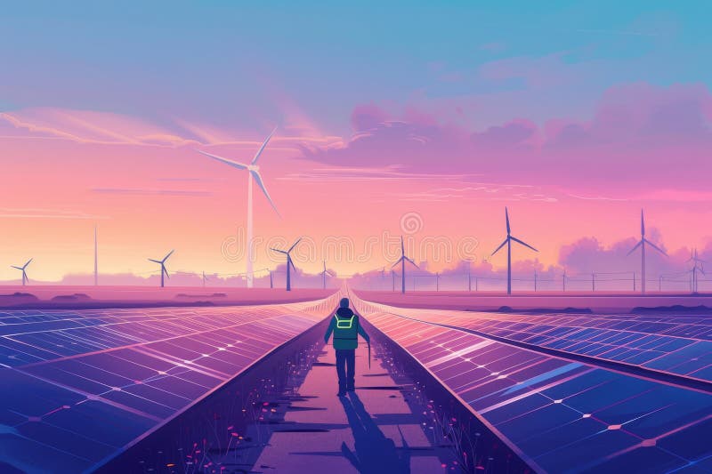 Serene Dawn Setting Featuring Solar Panels and Wind Turbines ...
