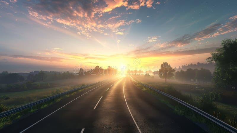 A Serene Dawn on a Two Lane Highway Surrounded by Lush Greenery and a ...