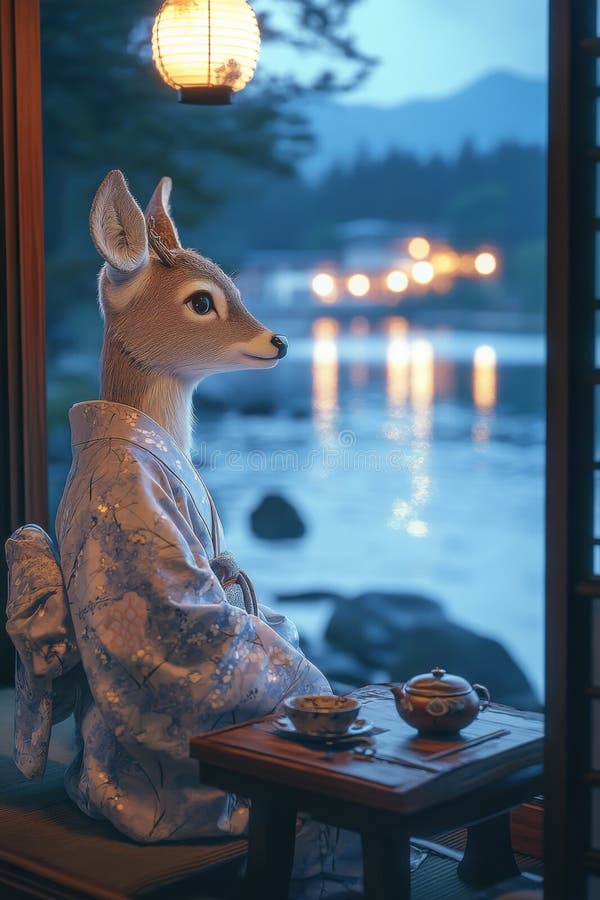 Serene Deer in Kimono by Lakeside at Dusk in Traditional Japanese Setting Stock Illustration ...
