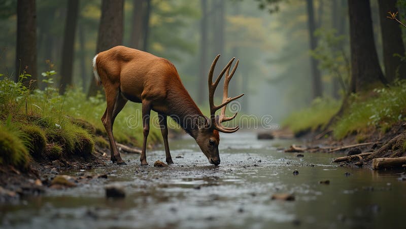 Serene Deer by Woodland Stream Embodying Peace Stock Illustration ...