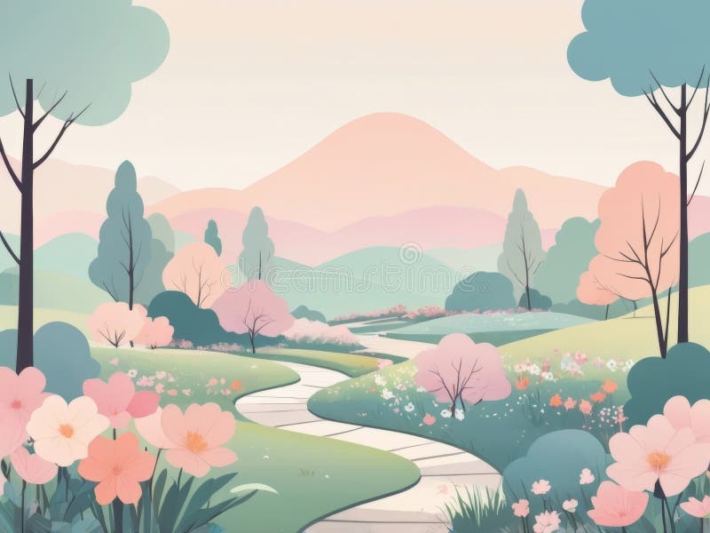 Serene Depiction of a Tranquil Winding Path through a Pastel Colored ...